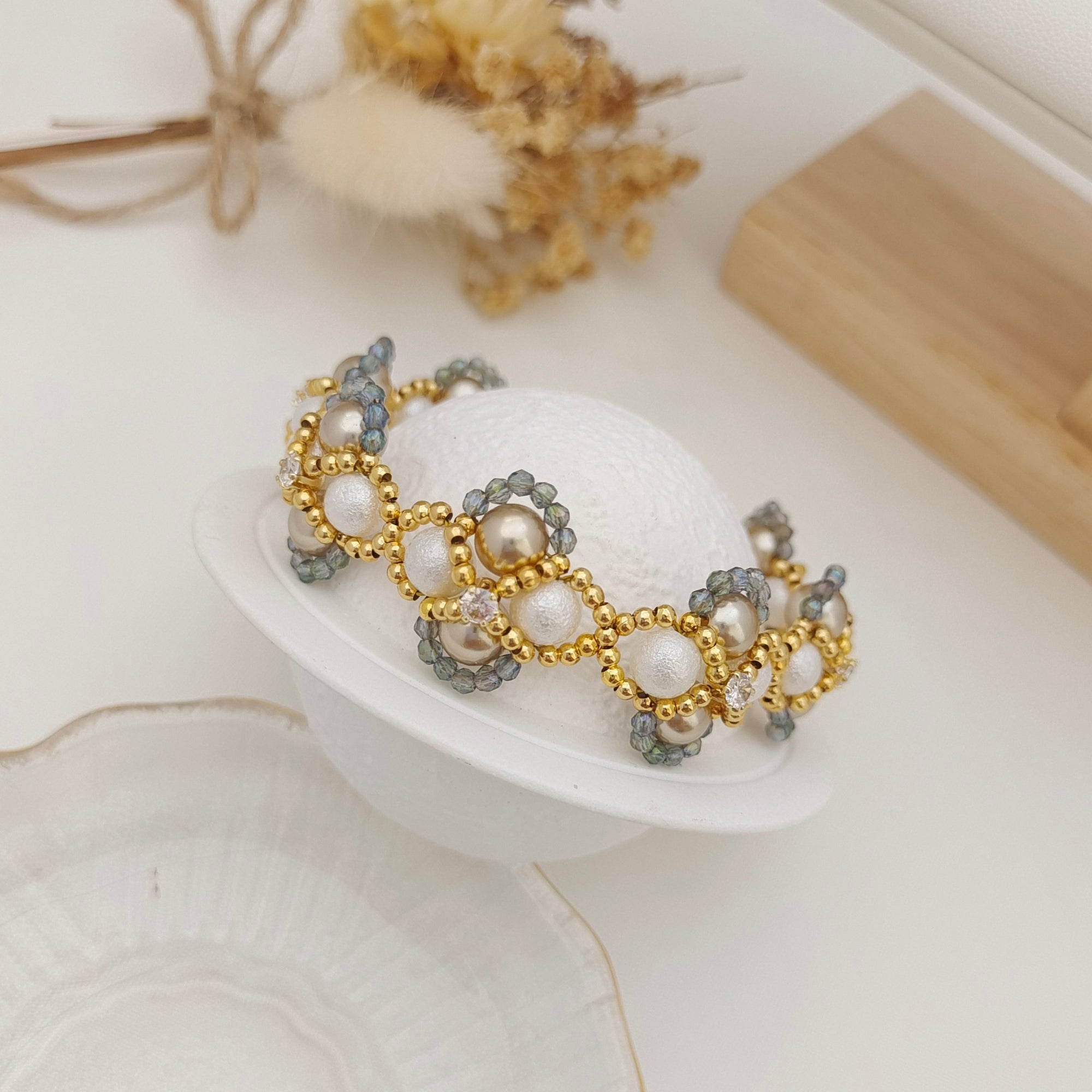 【No.160】DIY Lace Clover Bracelet Kit – Pearls, CZ, Rhombus Beads & See ...